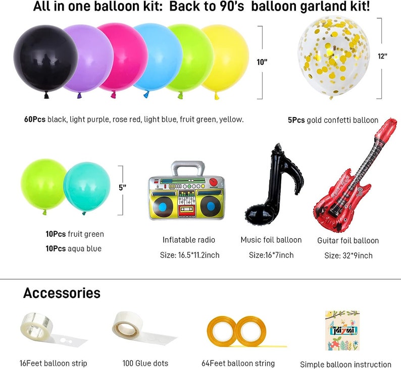 Back to the 90s Backdrop and Balloon Garland Kit, Retro Boom Box Radio ...