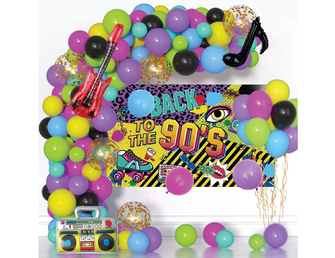 Back to the 90s Backdrop and Balloon Garland Kit, Retro Boom Box Radio ...