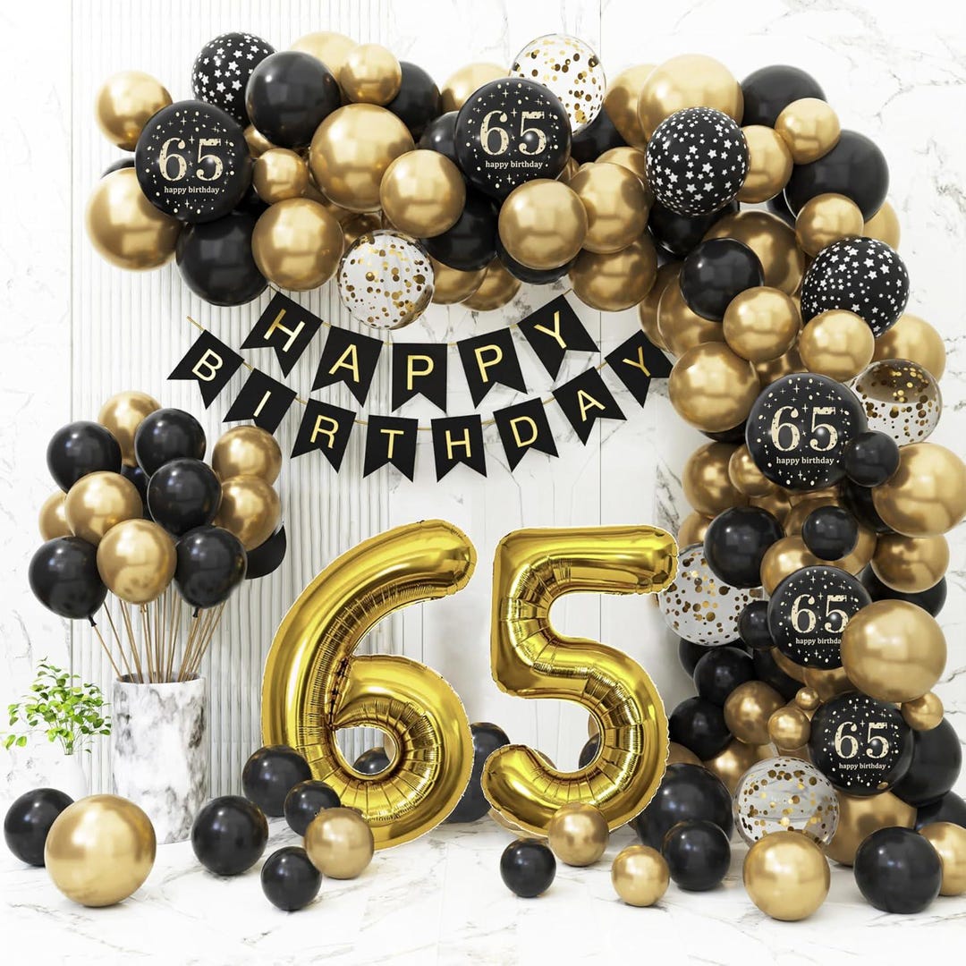 65th Birthday Balloon Garland Arch, Black and Gold 65th Birthday ...