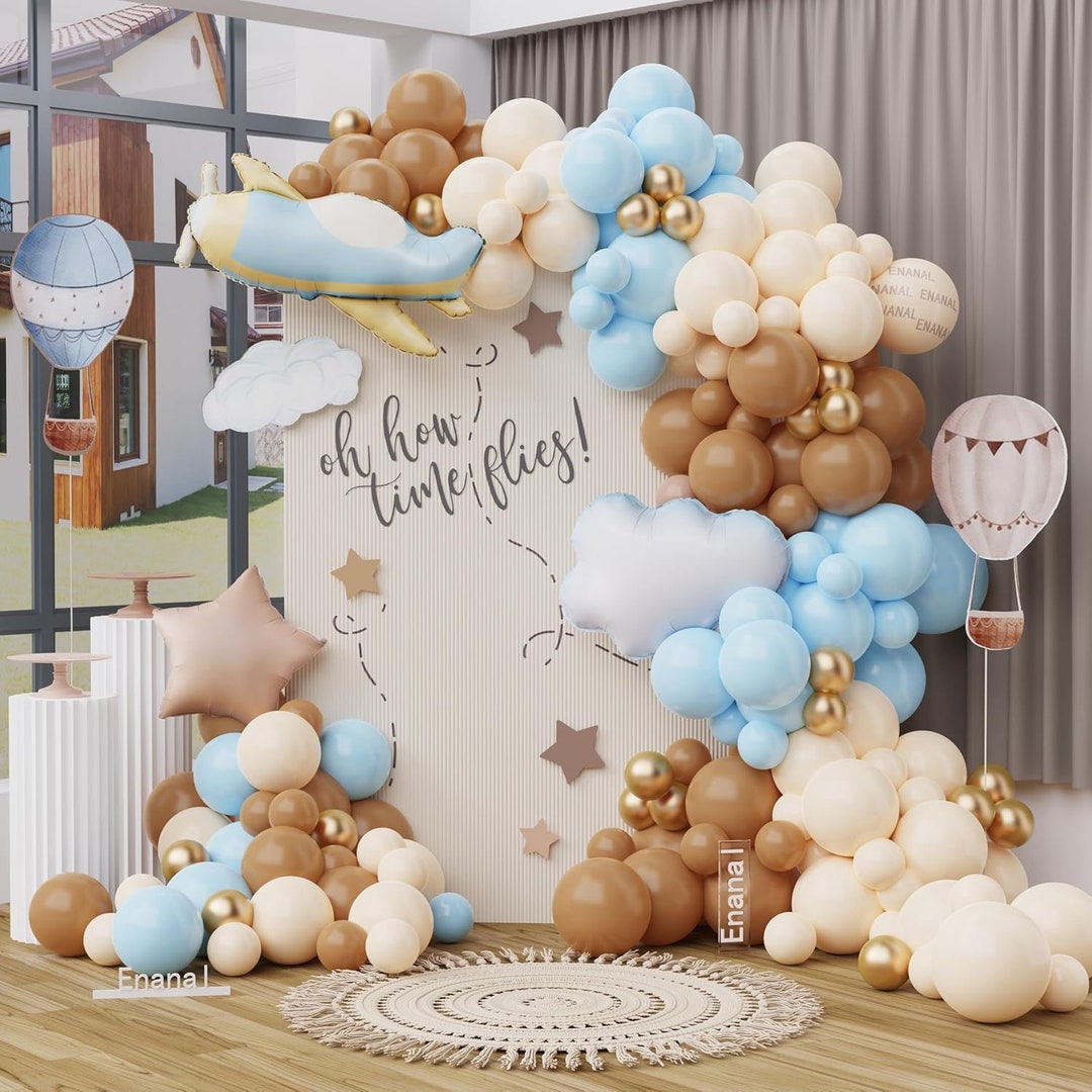 Airplane Balloon Garland Arch Kit, Brown Blue Beige Airplane Cloud Star ...