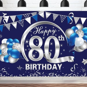 80th Birthday Banner Backdrop Decorations Men Women Blue Silver Happy ...