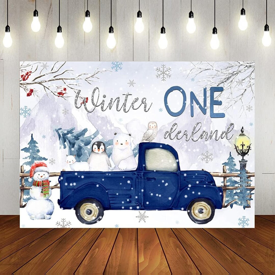 Winter Onederland Backdrop Blue Truck Woodland Animals First Birthday ...