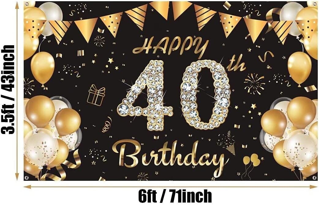 40th Birthday Banner Backdrop Decorations for Men Women Black Gold ...