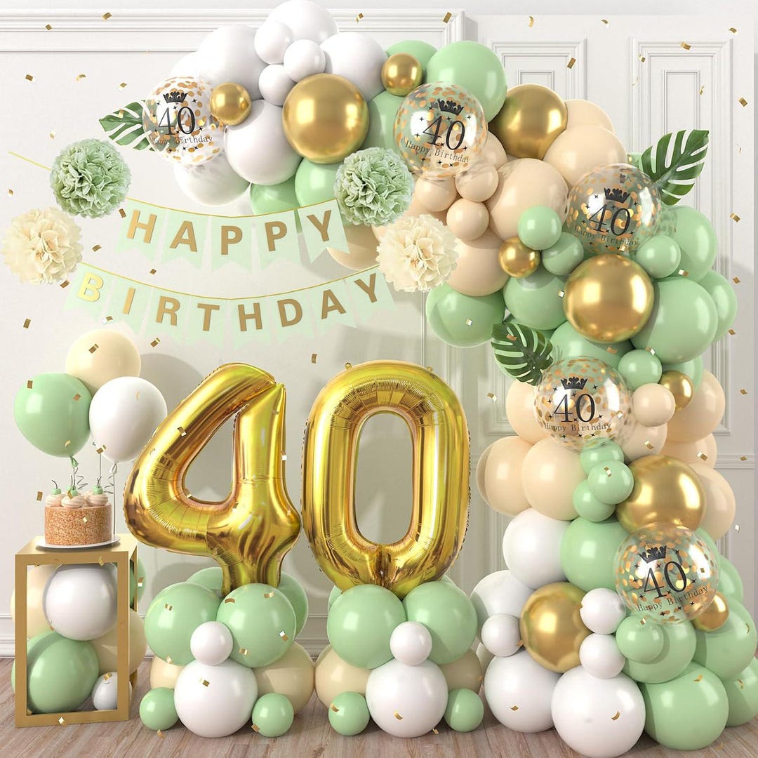40th Birthday Balloon Garland Arch Sage Green and Gold 40th Birthday ...