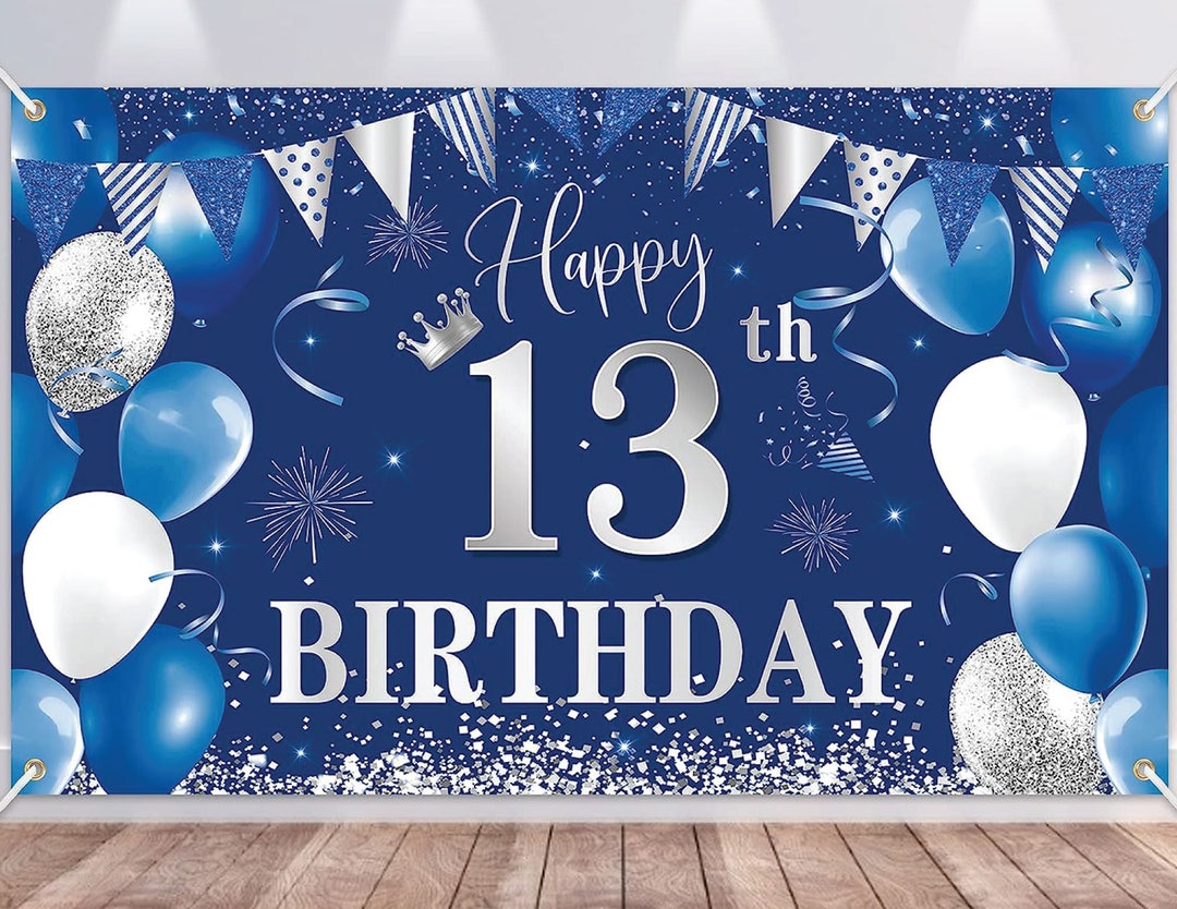 13th Birthday Banner Backdrop Decorations for Girl Boy Blue Silver ...