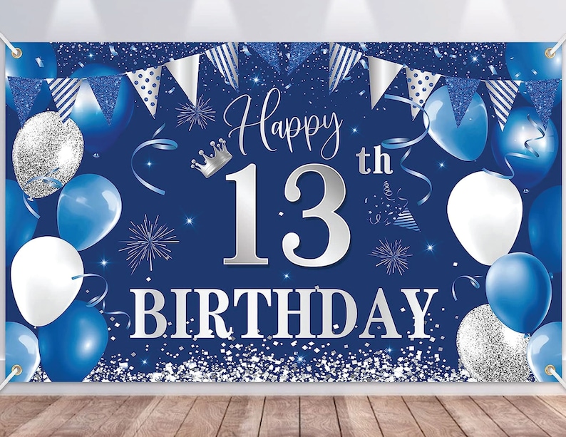 13th Birthday Banner Backdrop Decorations for Girl Boy Blue Silver ...