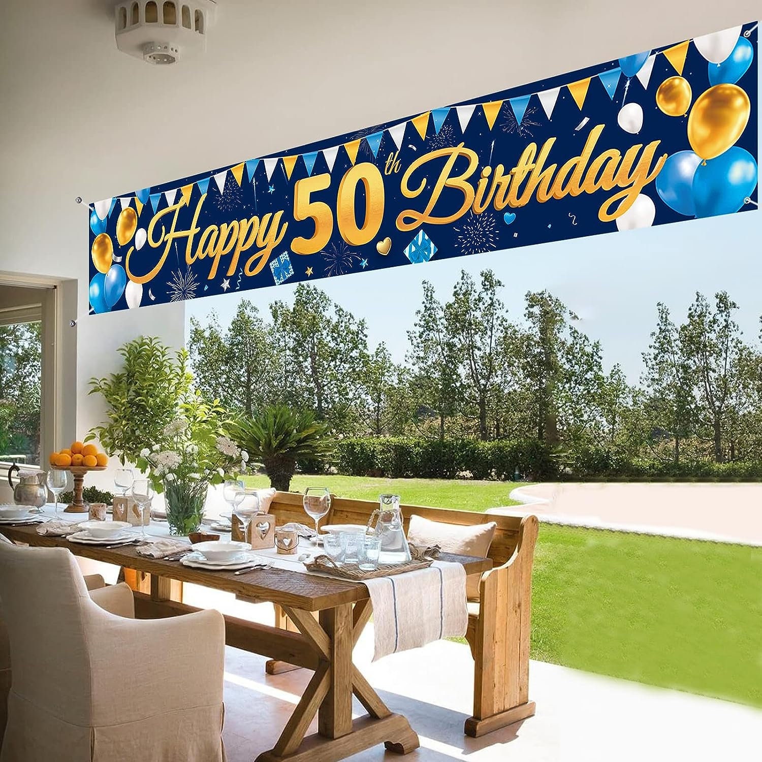 Large 50th Birthday Banner Backdrop Decorations for Men Women Gold Blue ...