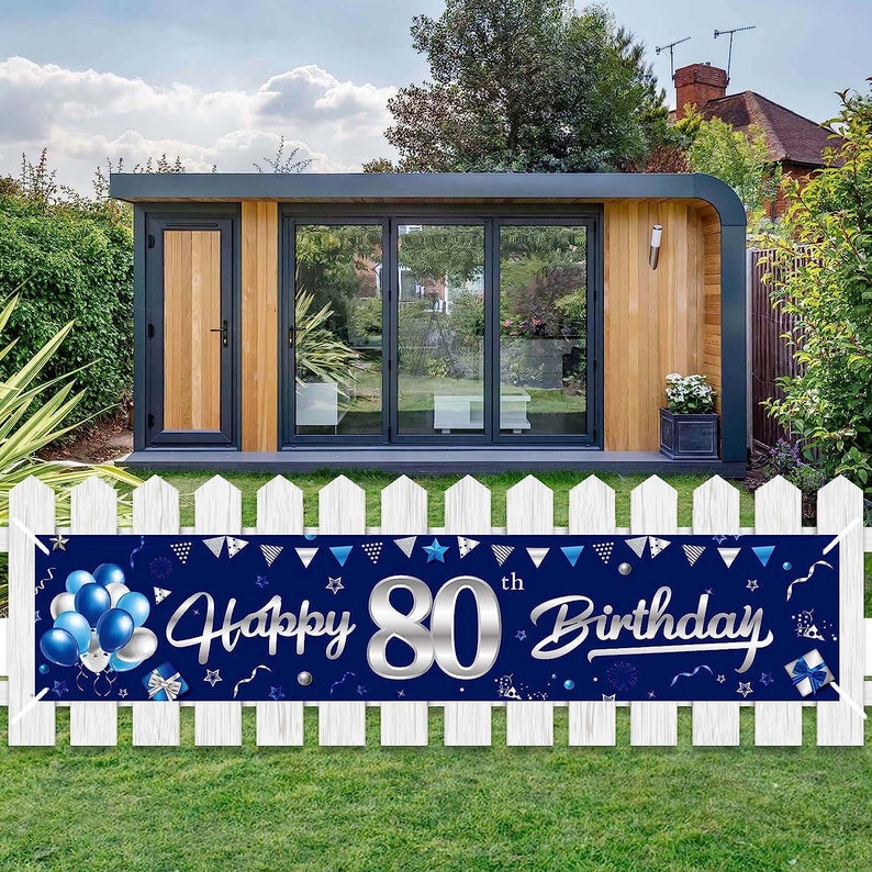 Large 80th Birthday Banner Backdrop Decorations For Men Women Silver