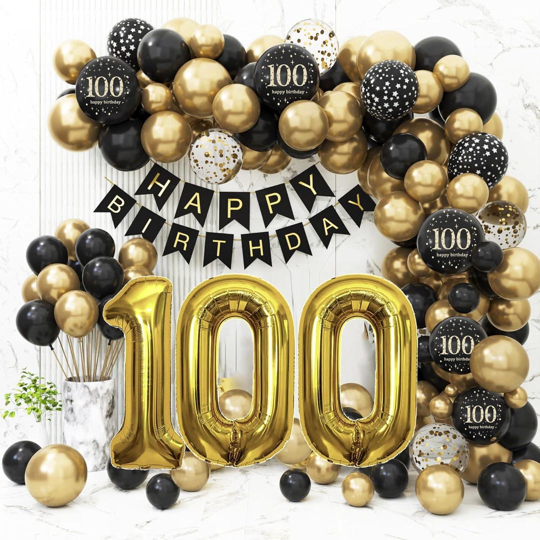100th Birthday Balloon Garland Arch Black and Gold 100th Birthday ...