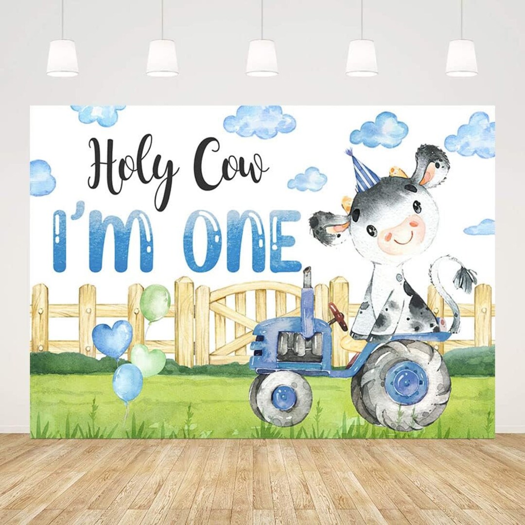 Cow 1st Birthday Backdrop Boy Holy Cow I'm One Background Blue Farm ...