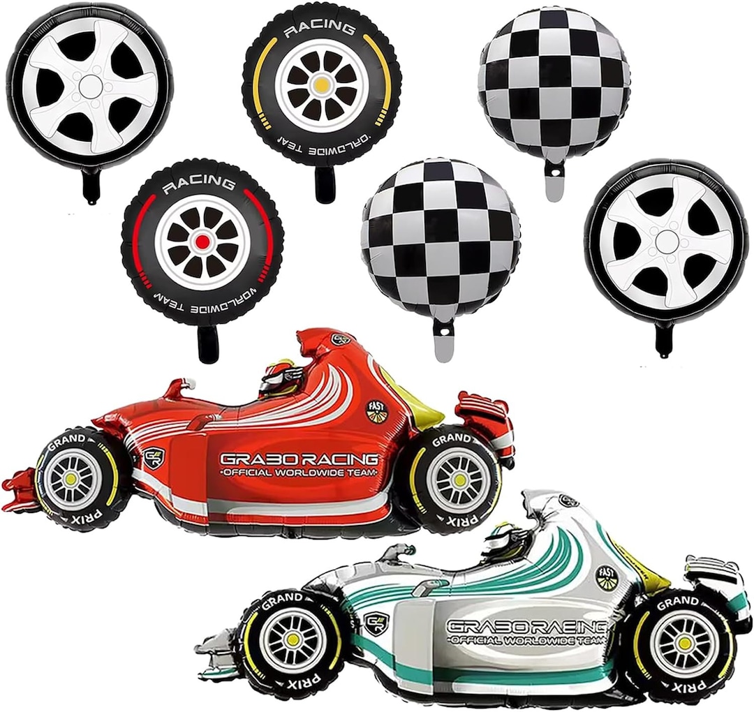 Race Car Balloons 8pcs Motor Speedy Race Car Helmet Balloon Checkered ...