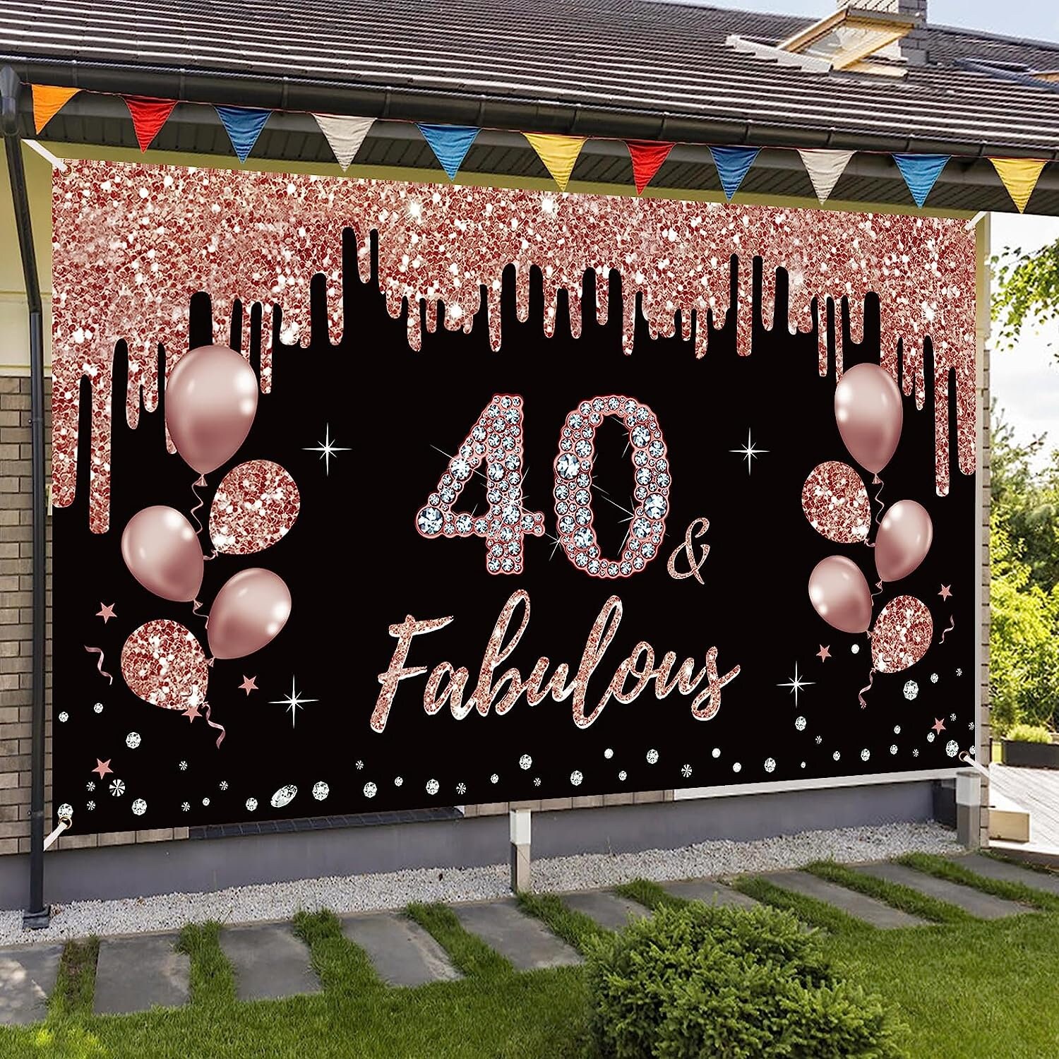 40th Birthday Banner Backdrop Decorations for Women Black Rose Gold ...