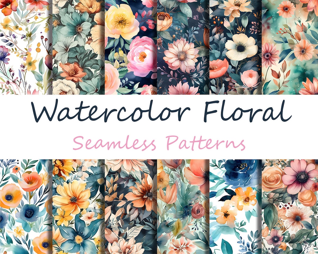 12 Floral Design Digital Patterns - Seamless - Watercolor Flower ...
