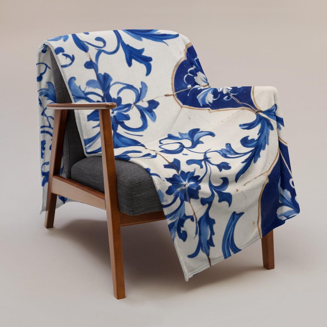 Azulejos Throw Blanket | Portuguese Tile Bedspread | Boho Sofa Cover | Blue White Blanket ...