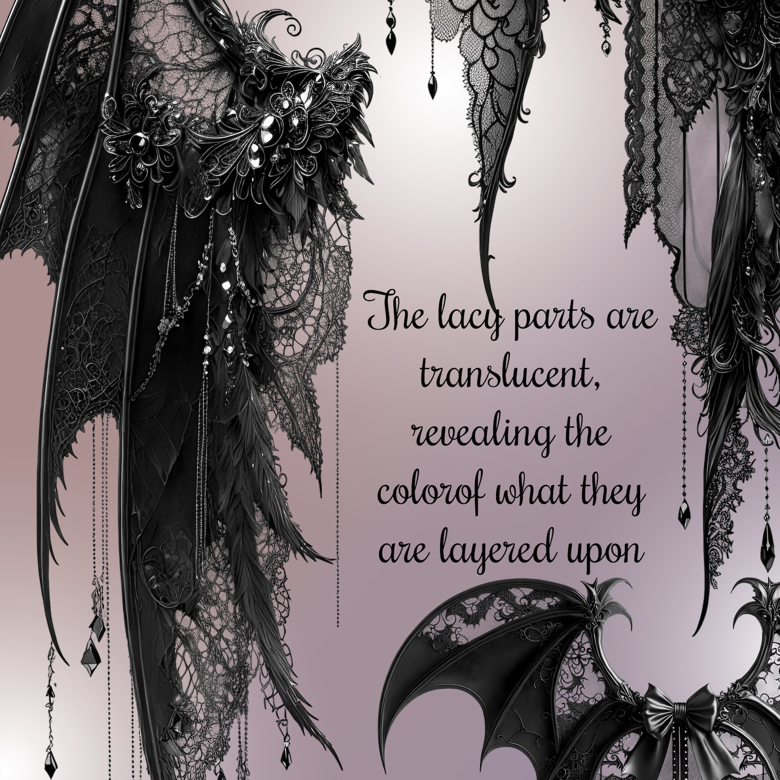 Gothic Wings Clip Art, Darkly Romantic Lacy Black Bat Wing PNG Overlays ...