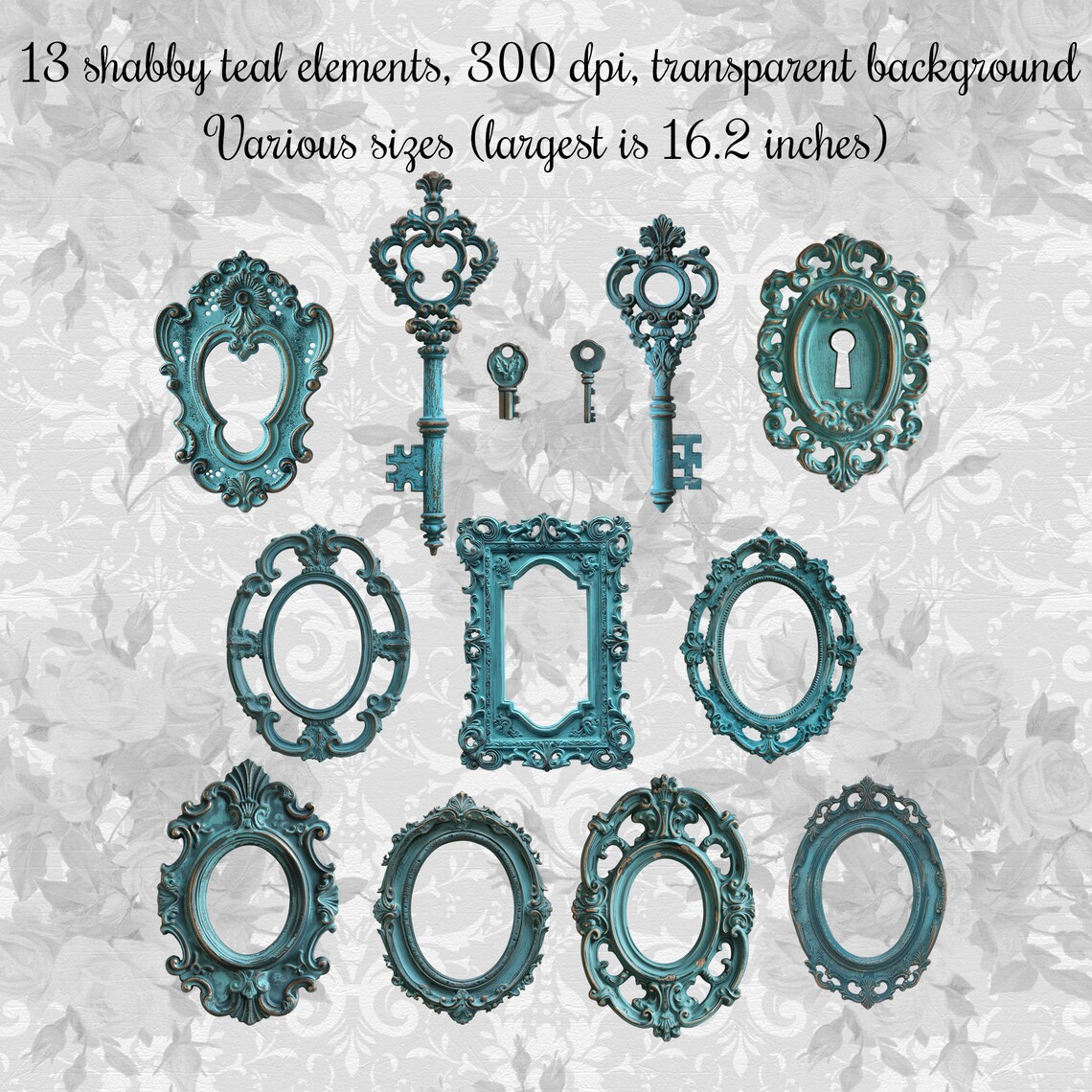 Shabby Teal Frame Overlays and Antique Key Victorian Elements, Painted ...