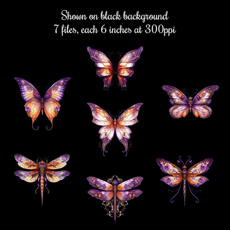Ornate Dragonfly and Butterfly Illustration Clip Art, Orange and Purple ...