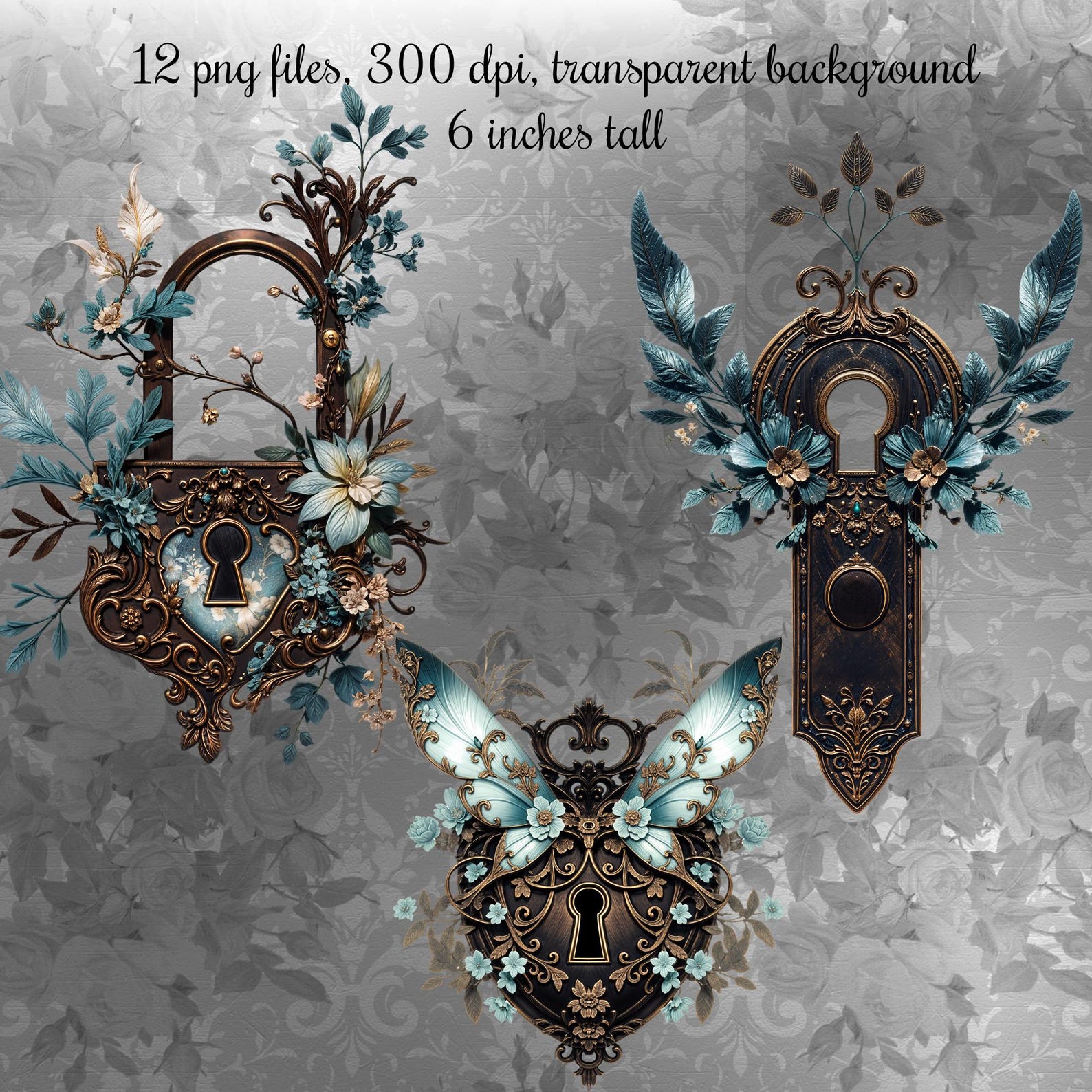 Fantasy Fairy Garden Locks and Keys Clip Art, Dusty Teal With Victorian ...