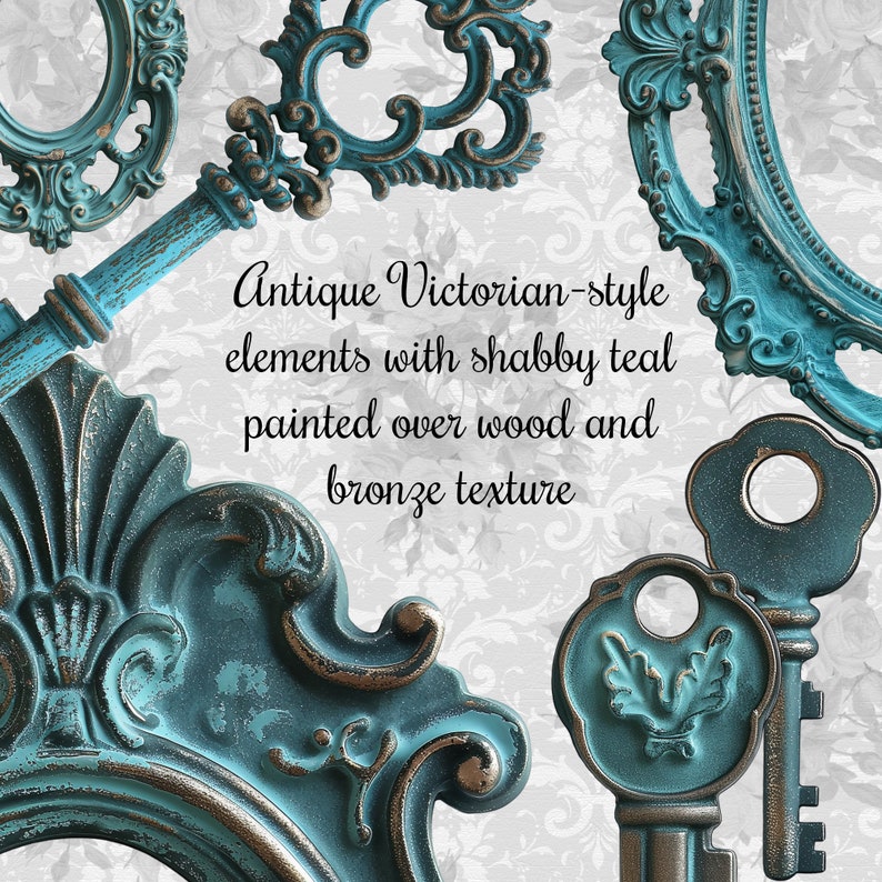 Shabby Teal Frame Overlays and Antique Key Victorian Elements, Painted ...