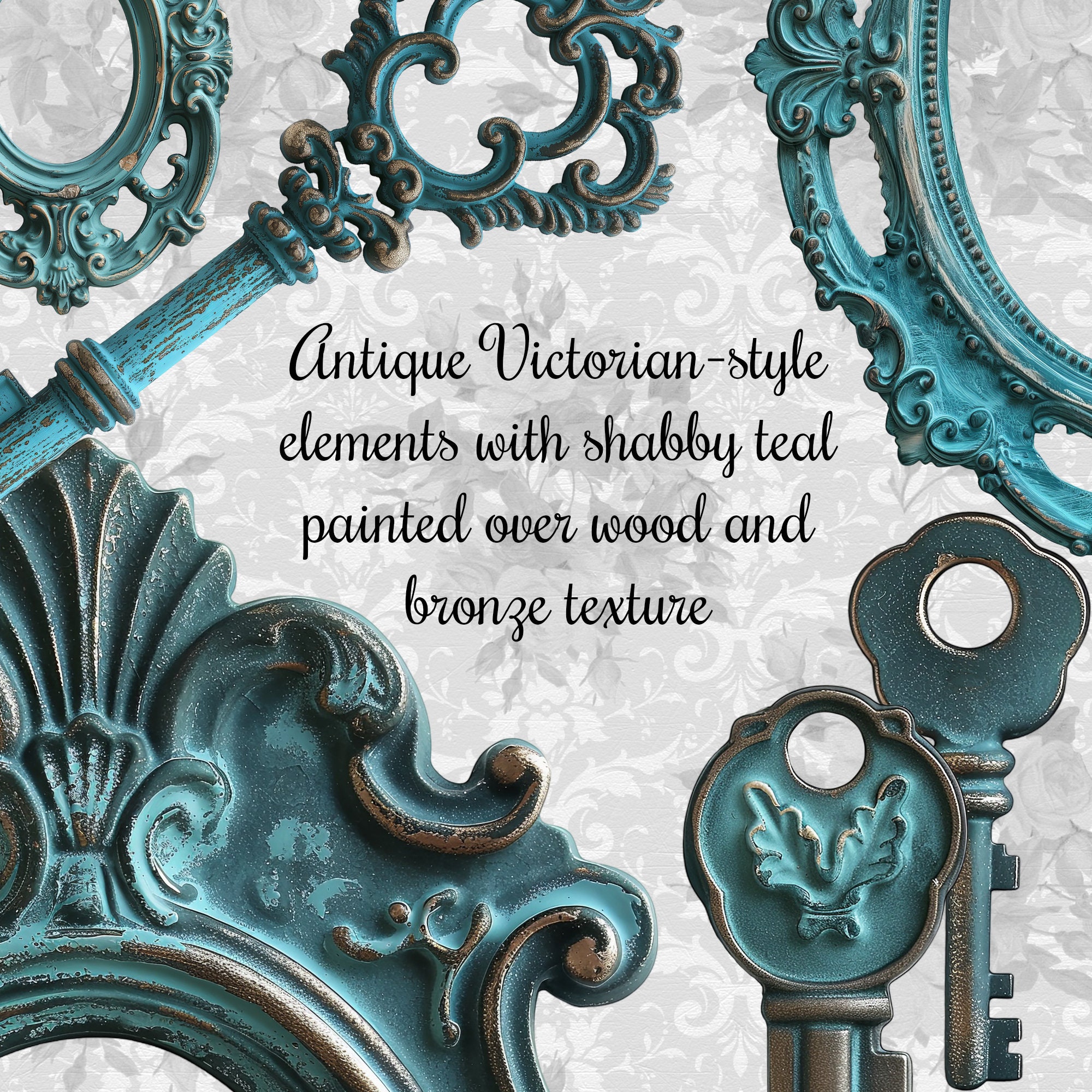 Shabby Teal Frame Overlays and Antique Key Victorian Elements, Painted ...