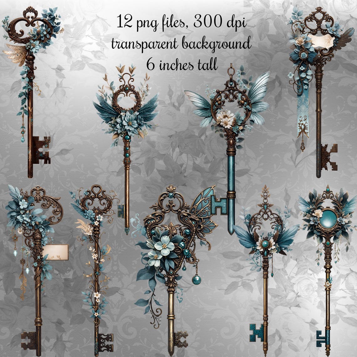 Fantasy Fairy Garden Locks and Keys Clip Art, Dusty Teal With Victorian ...