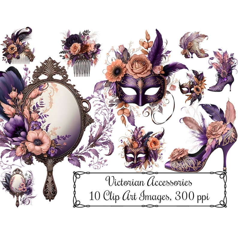 Victorian Accessories Clip Art Bundle With Purple and Peach Flowers and ...