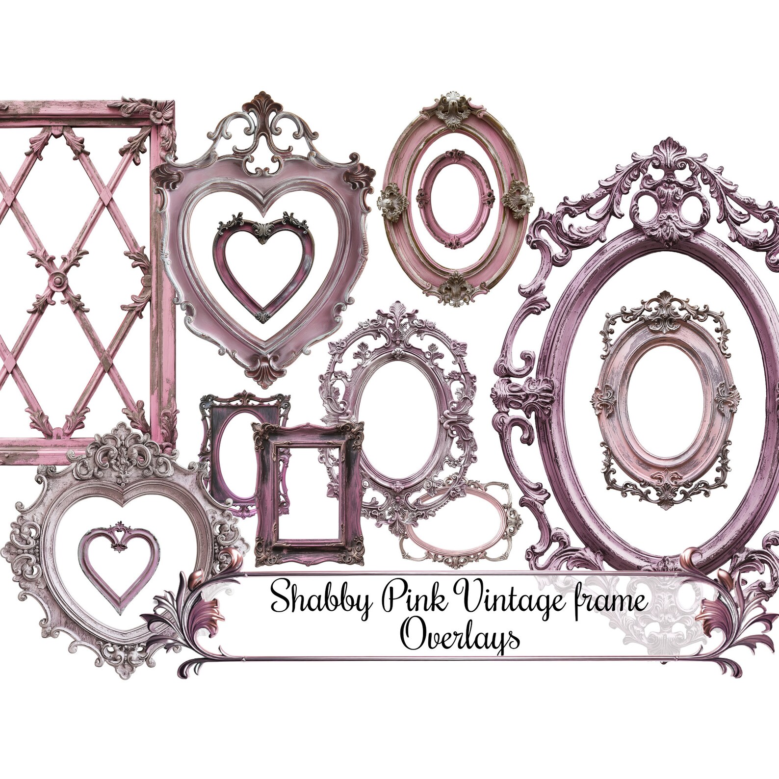 Shabby Dusty Pink Frame Overlays, Painted Wood Clip Art PNG Frames ...