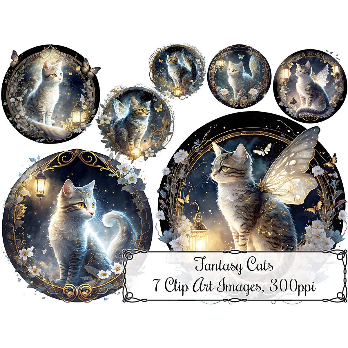 Fantasy Cats Clip Art, Vintage Style With Lanterns and Flowers, Digital ...