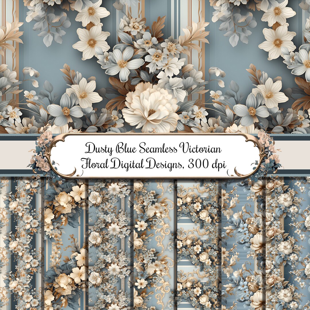 Dusty Blue and Beige Digital Papers, Seamless Victorian Style Floral ...