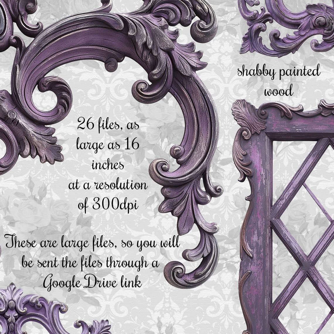 Shabby Baroque Purple Frames and Rococo Elements, Painted Wood Clip Art ...