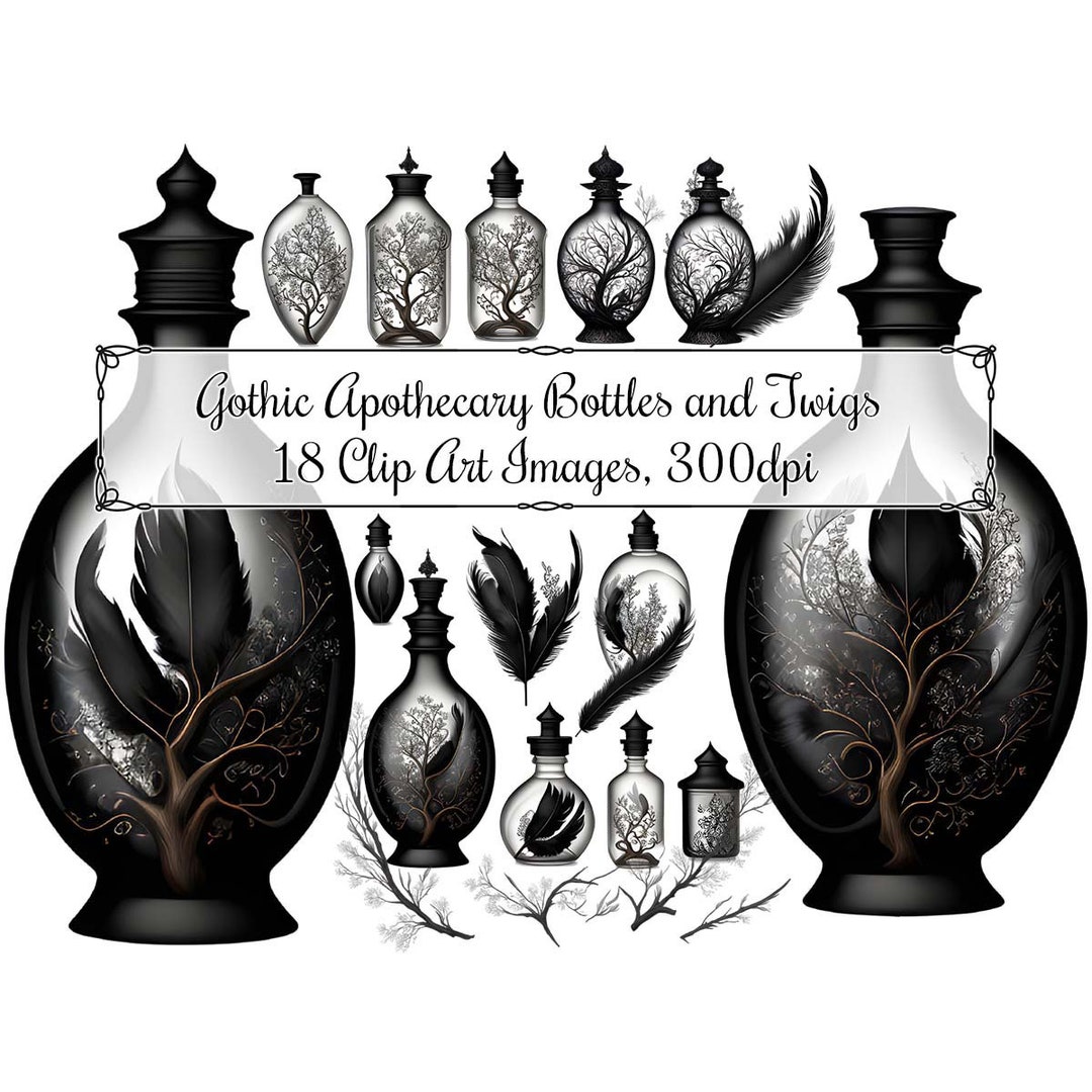 Gothic Apothecary Bottles Clip Art With Branches and Black Feathers ...