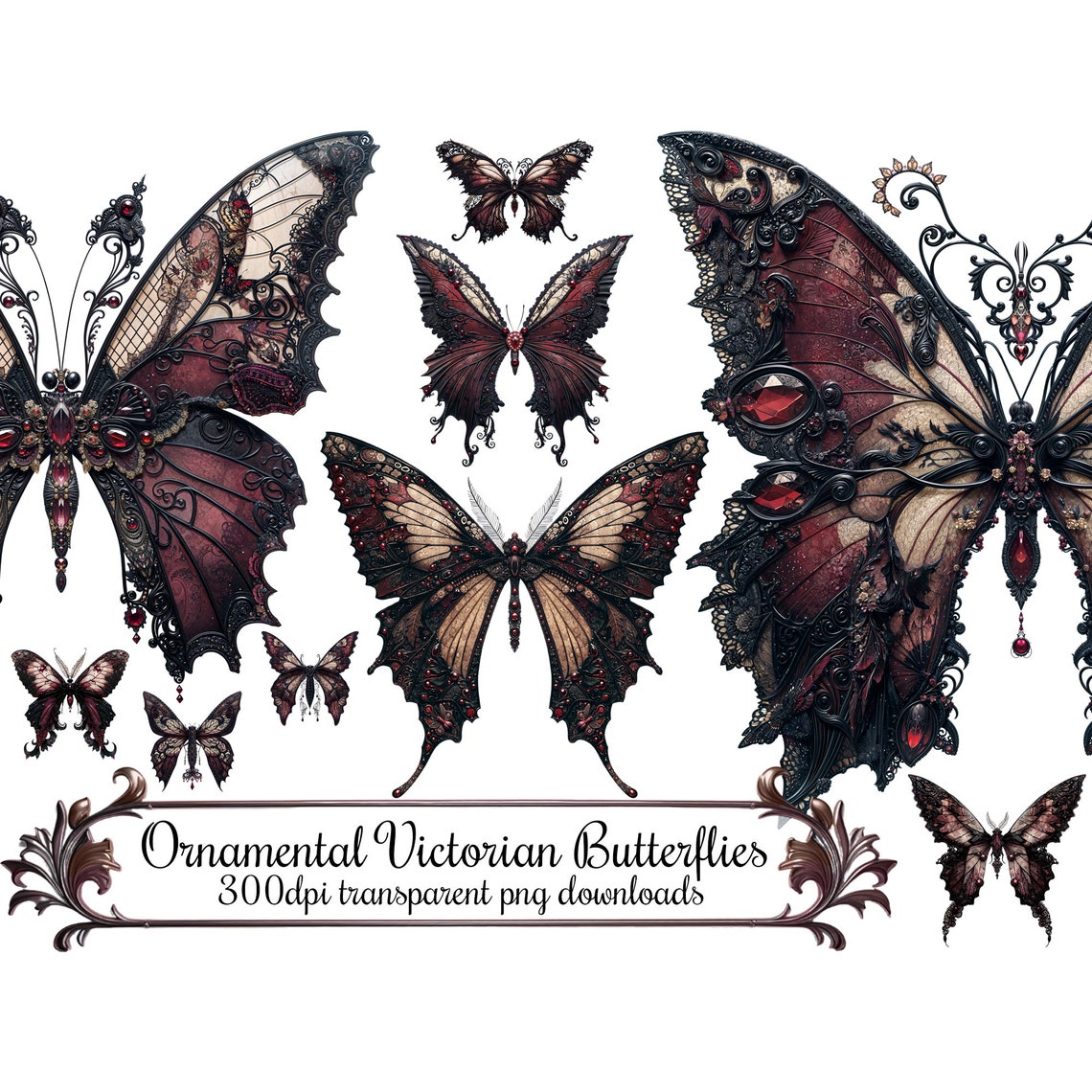 Ornamental Butterflies Clip Art, Victorian Style With Lace and Gems PNG ...