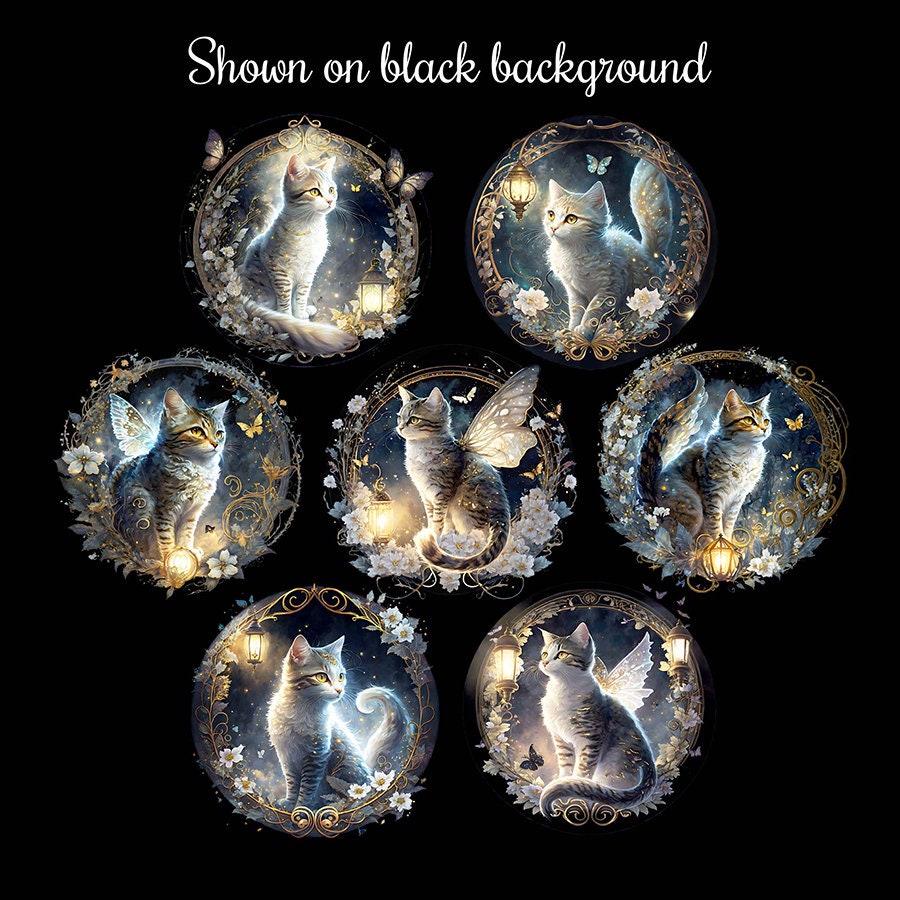 Fantasy Cats Clip Art, Vintage Style With Lanterns and Flowers, Digital ...