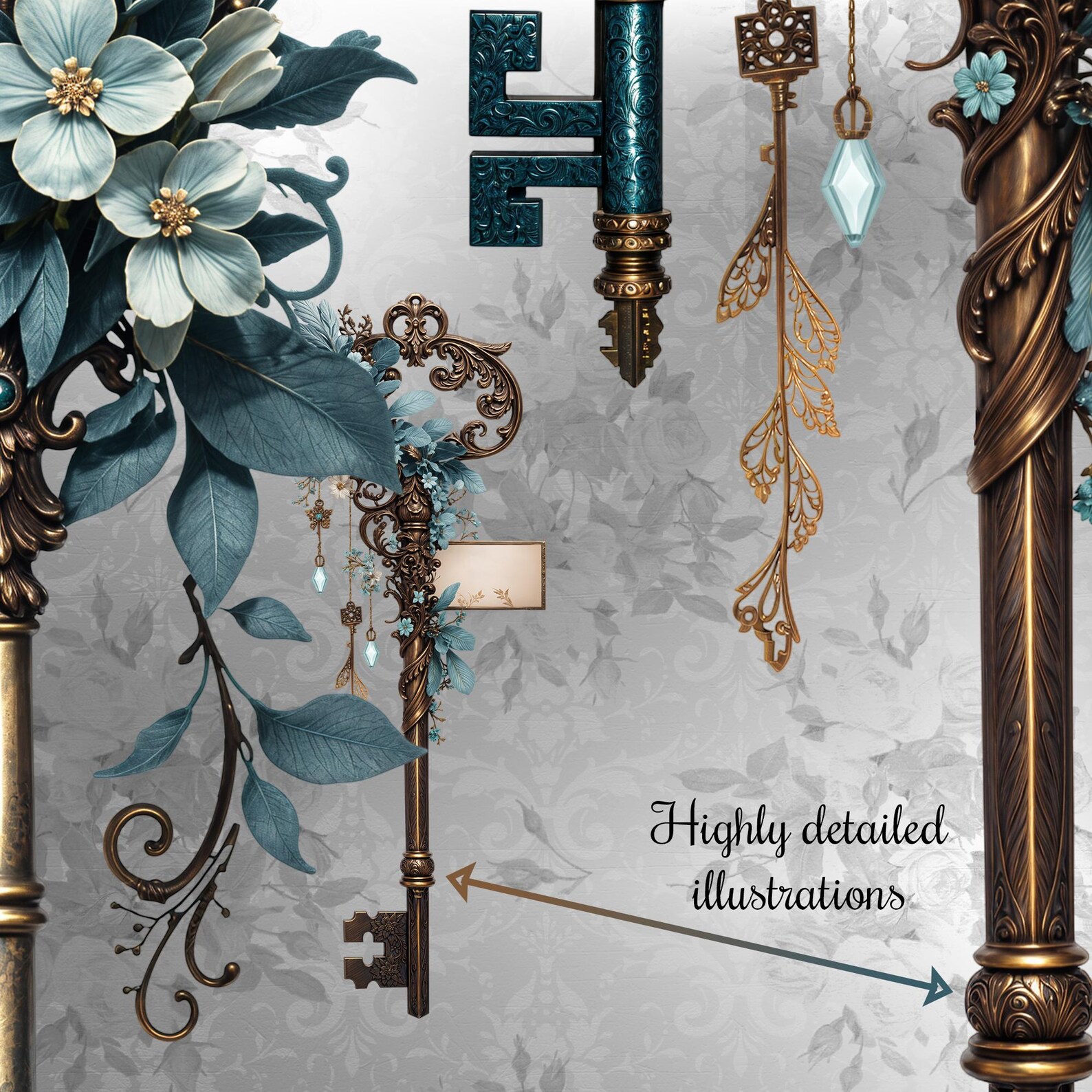 Fantasy Fairy Garden Locks and Keys Clip Art, Dusty Teal With Victorian ...
