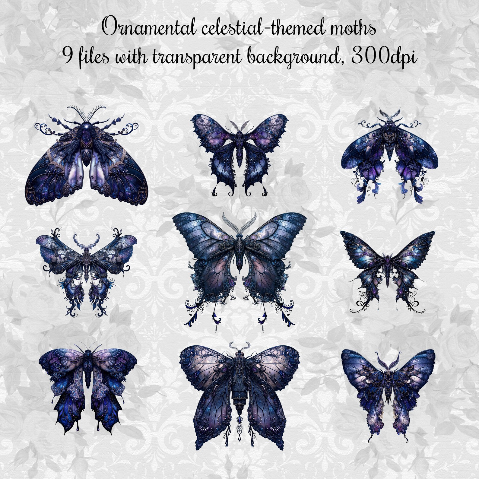 Celestial Moth Clip Art, Ornamental Blue Black Purple PNG Butterfly ...