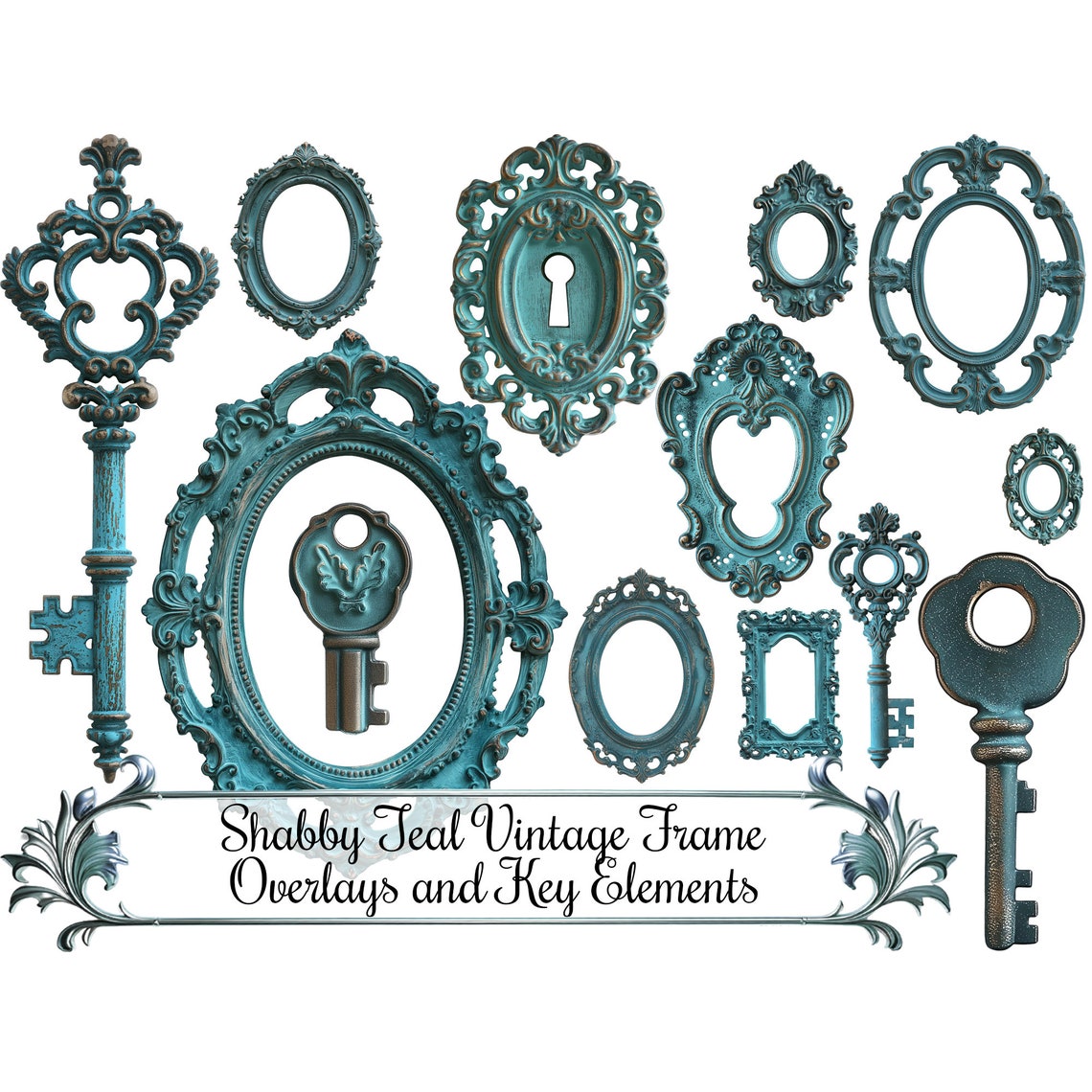 Shabby Teal Frame Overlays and Antique Key Victorian Elements, Painted ...