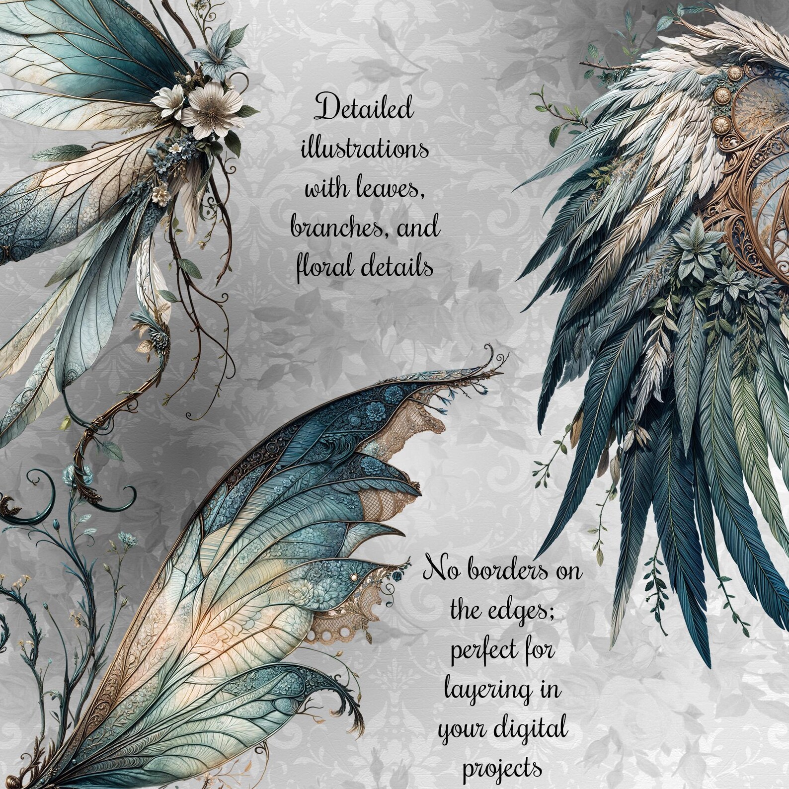 Teal Woodland Fantasy Wings Clip Art, Fairy Wing Overlays Digital Art ...