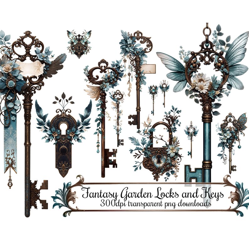 Fantasy Fairy Garden Locks and Keys Clip Art, Dusty Teal With Victorian ...