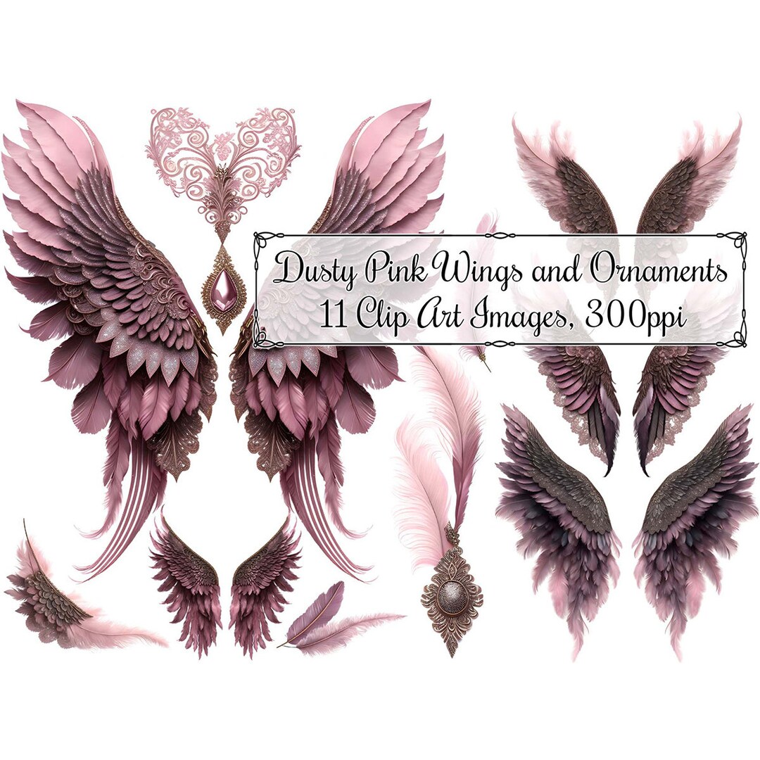 Dusty Pink Feathered Wings and Ornaments Clip Art Bundle, Digital Art ...