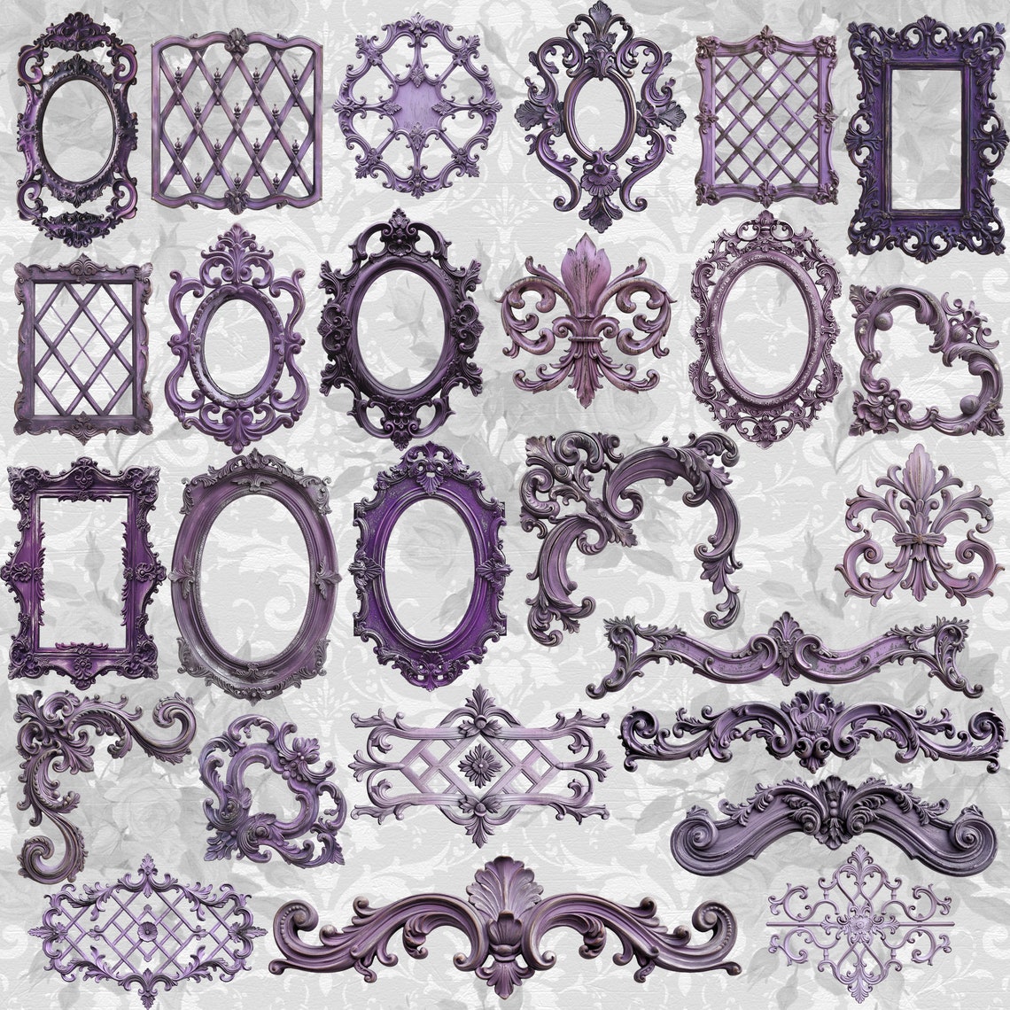 Shabby Baroque Purple Frames and Rococo Elements, Painted Wood Clip Art ...
