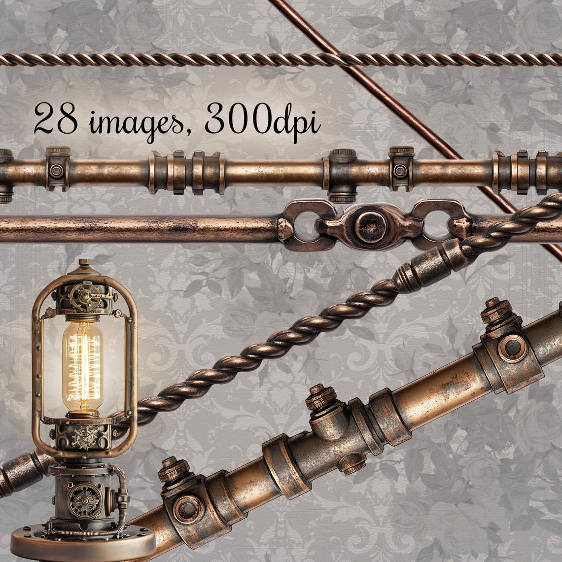 Steampunk Light Fixtures and Bulbs Clip Art, Industrial Bronze Pipes ...