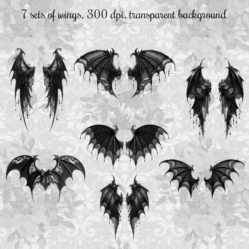 Gothic Wings Clip Art, Darkly Romantic Lacy Black Bat Wing PNG Overlays ...