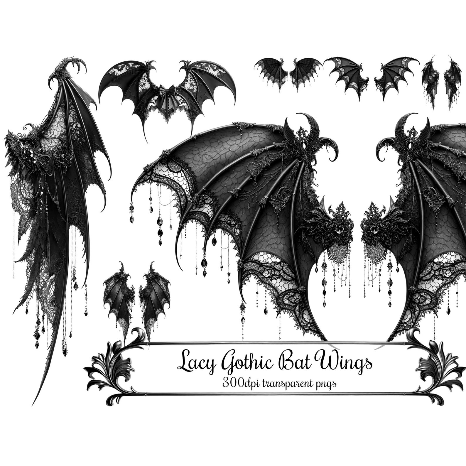 Gothic Wings Clip Art, Darkly Romantic Lacy Black Bat Wing PNG Overlays ...