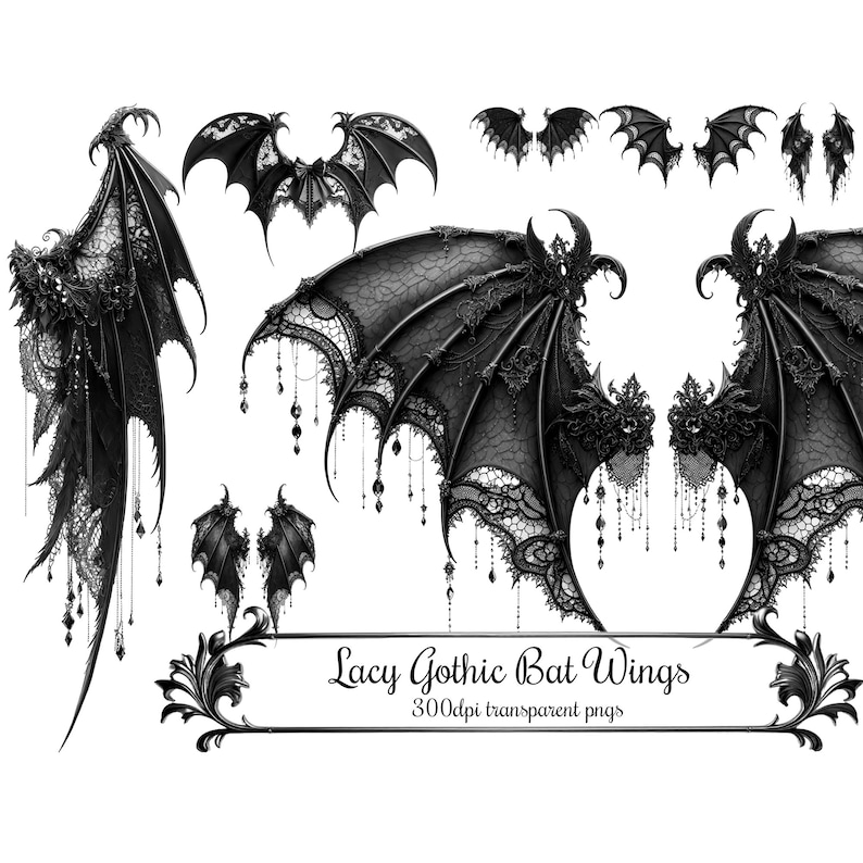 Gothic Wings Clip Art, Darkly Romantic Lacy Black Bat Wing PNG Overlays ...