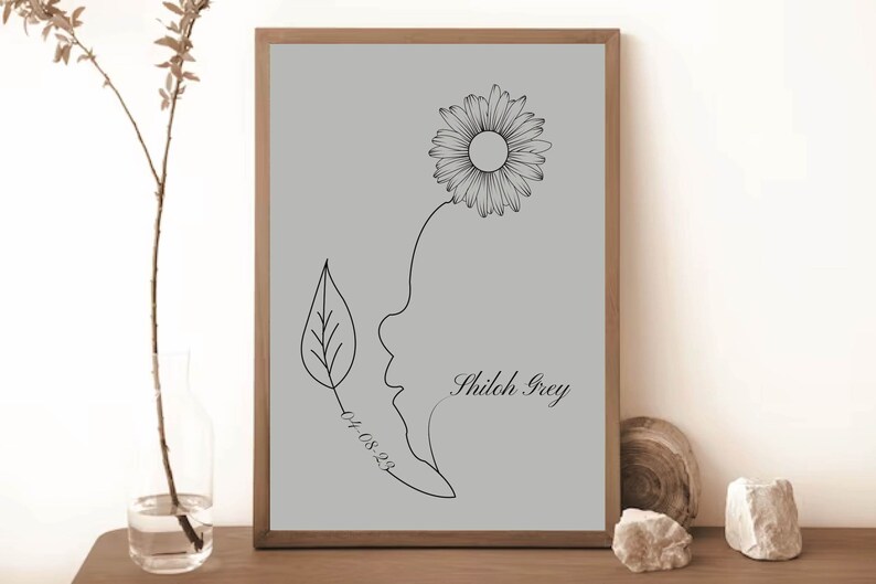 Side Profile Line Art, Personalized, Flower, Baby Art - Etsy