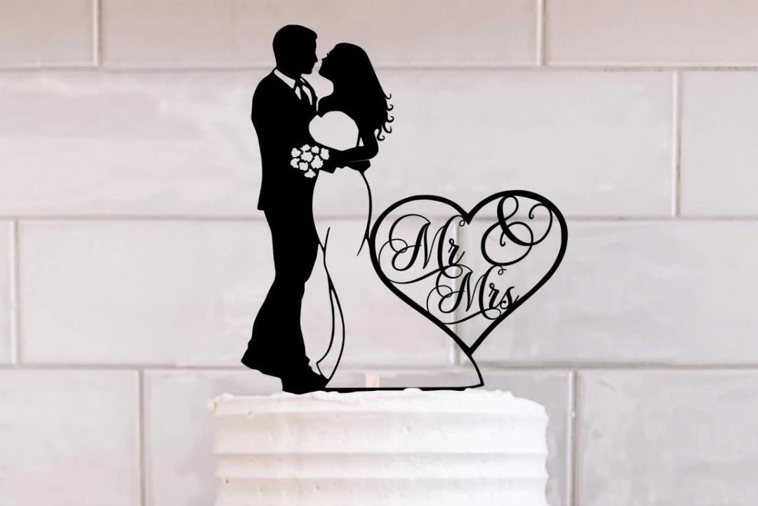 Wedding Cake Topper SVG - Bride and Groom With Heart Mr & Mrs. Instant ...