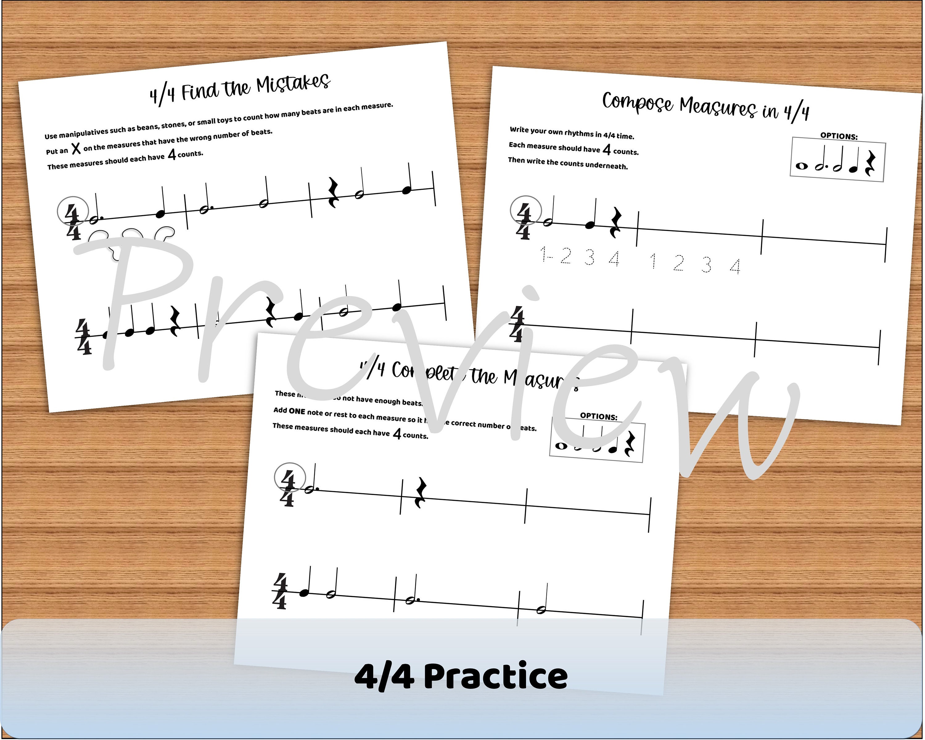 Simple Time Signature Rhythm Worksheets (4/4, 3/4, 2/4) for Preschool ...