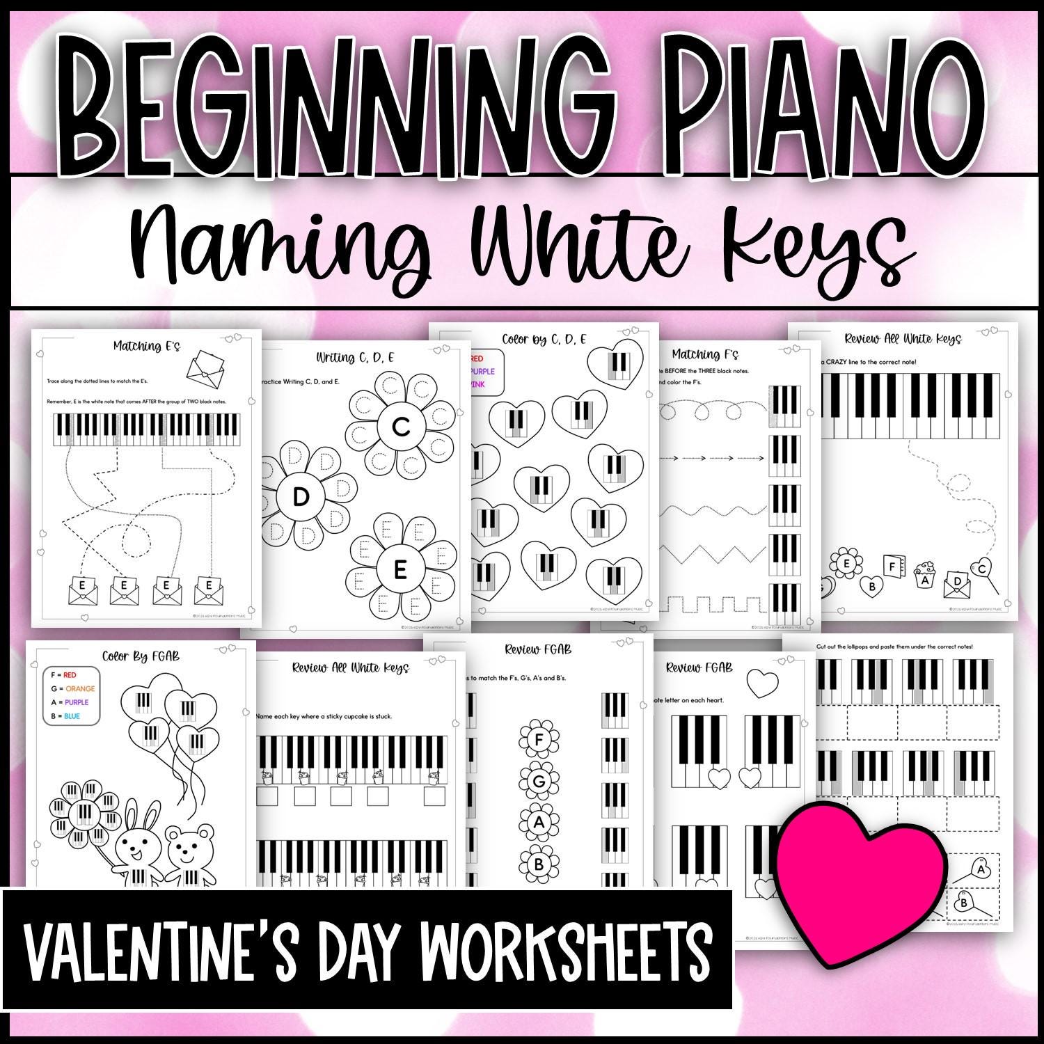 Beginning Piano Valentine's Worksheets - Finding White Notes CDE and ...