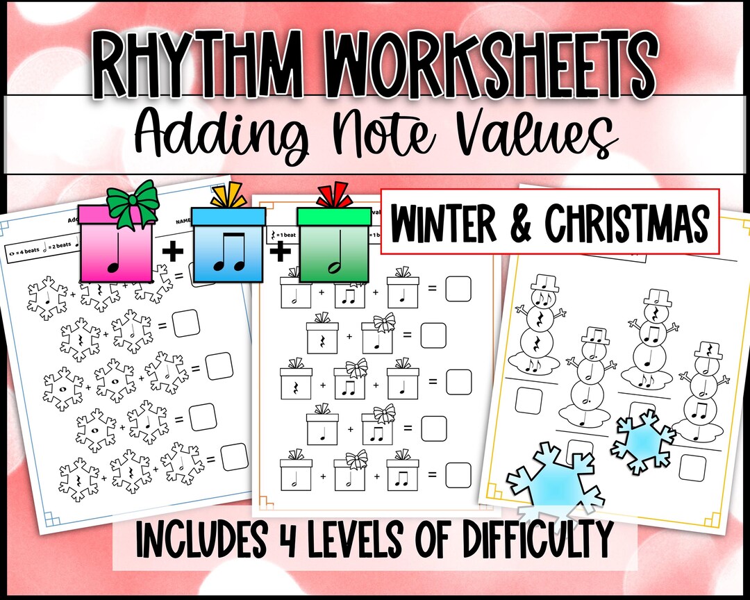 Winter and Christmas Music Rhythm Worksheets: Adding Note Values Music ...