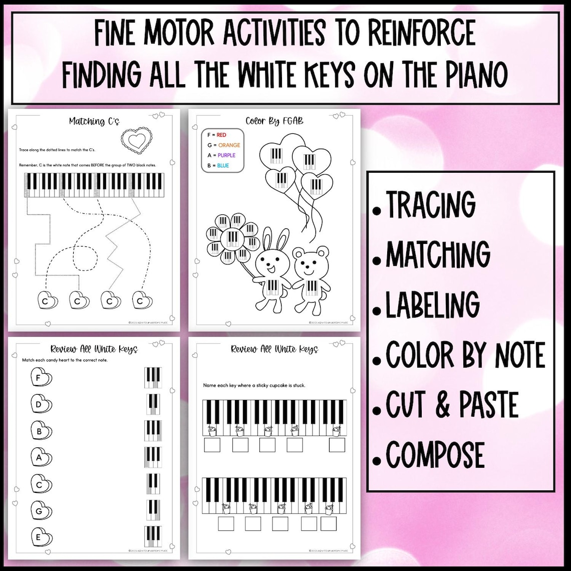 Beginning Piano Valentine's Worksheets - Finding White Notes CDE and ...